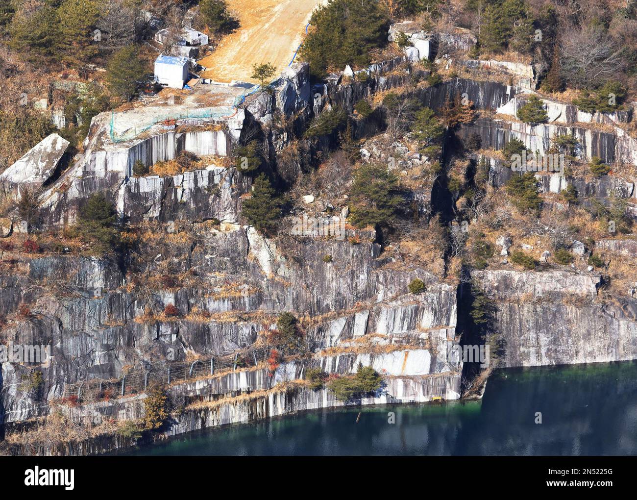 An aerial photo shows the one of the largest quarries in Japan ...