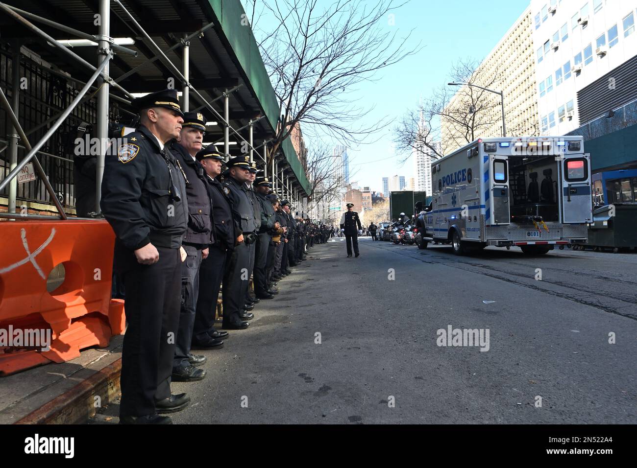 New York, New York, USA. 8th Feb, 2023. Police officers line up along ...