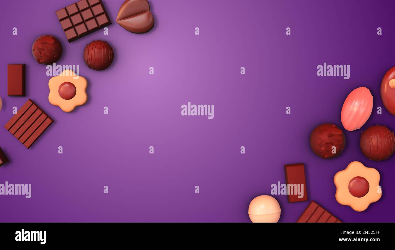Assorted Chocolates and Cookies on a Purple Background 3d illustration ...