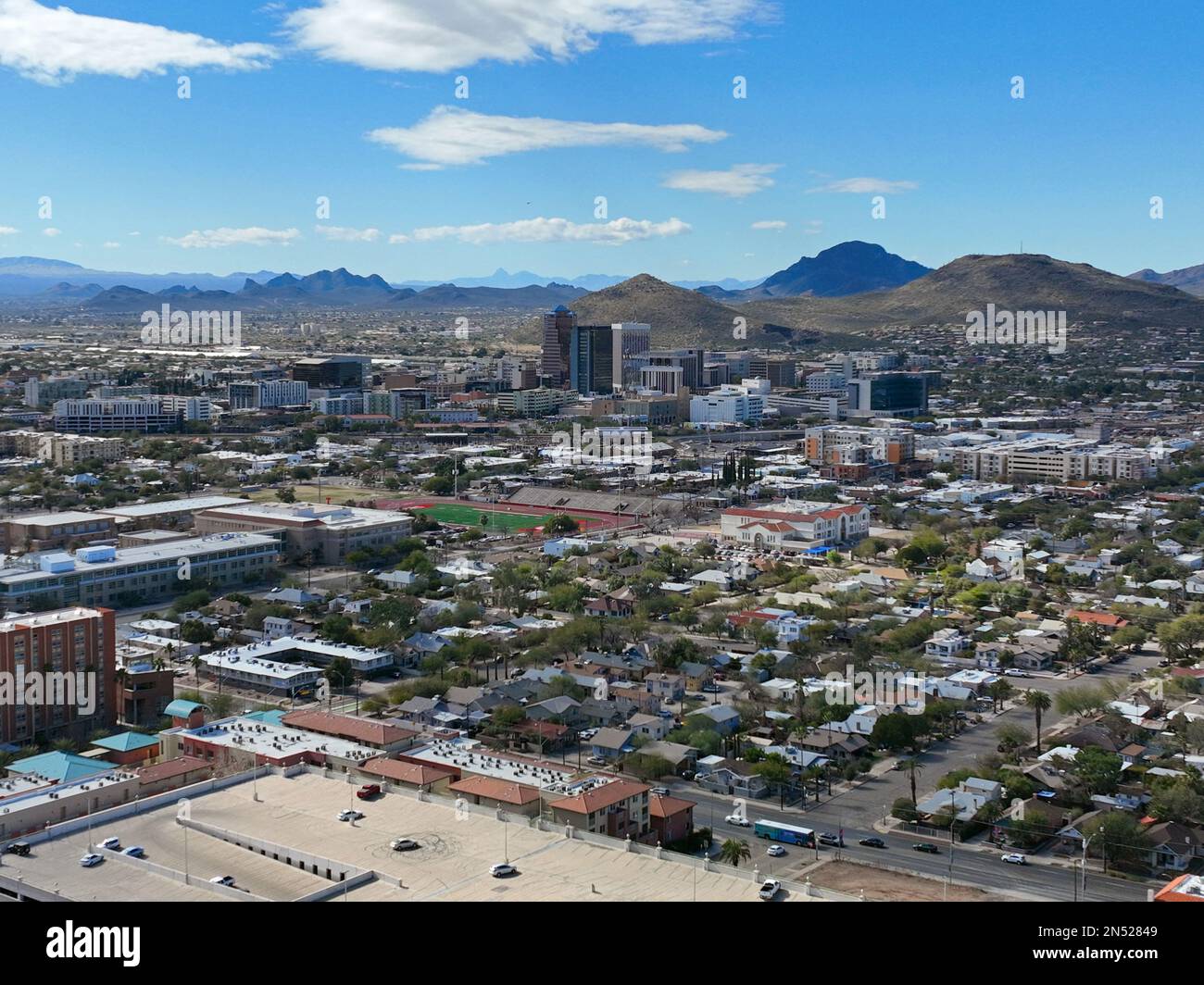 Tucson downtown modern skyscrapers aerial view with Tucson Mountain at ...