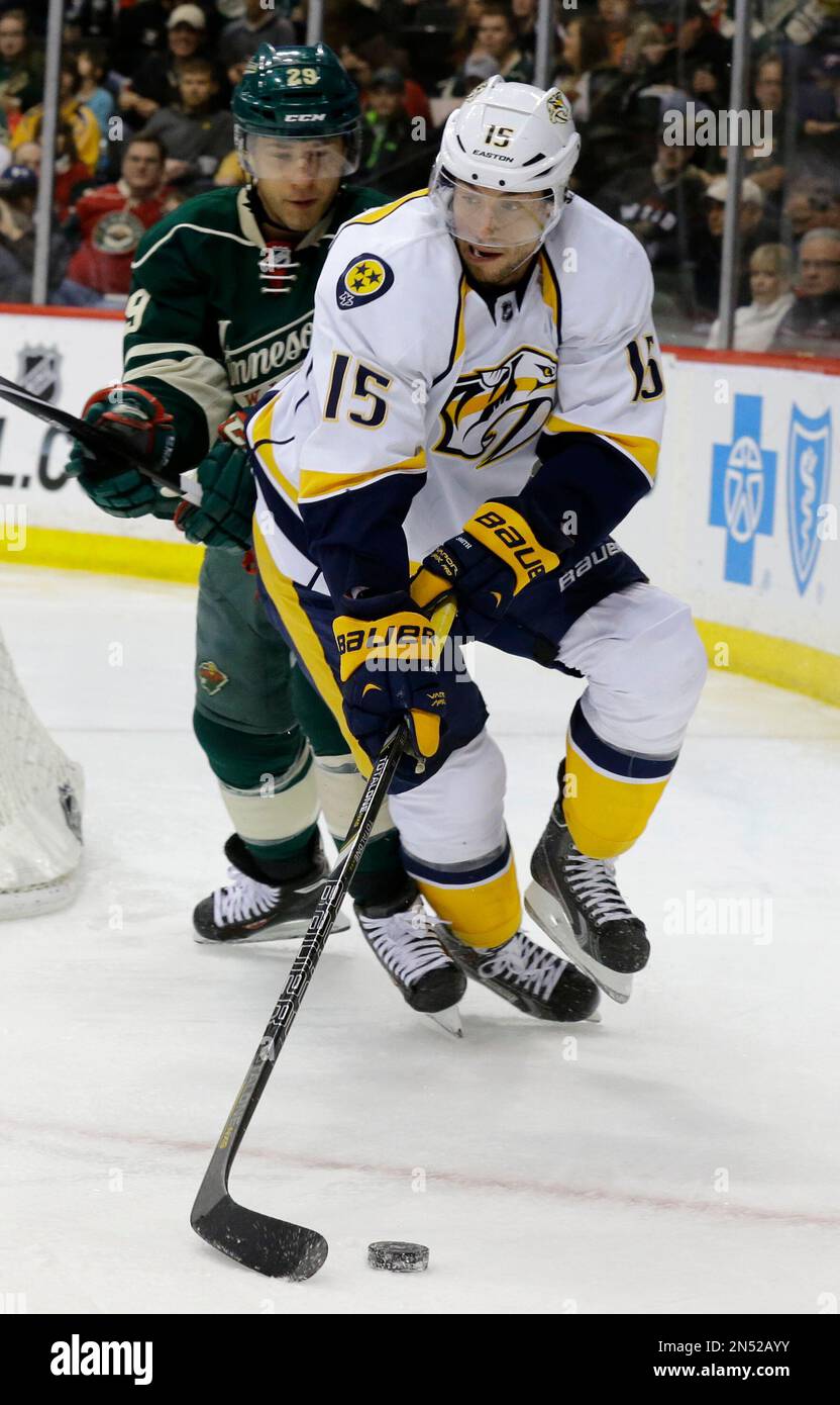 Nashville Predators center Craig Smith (15) controls the puck in front ...