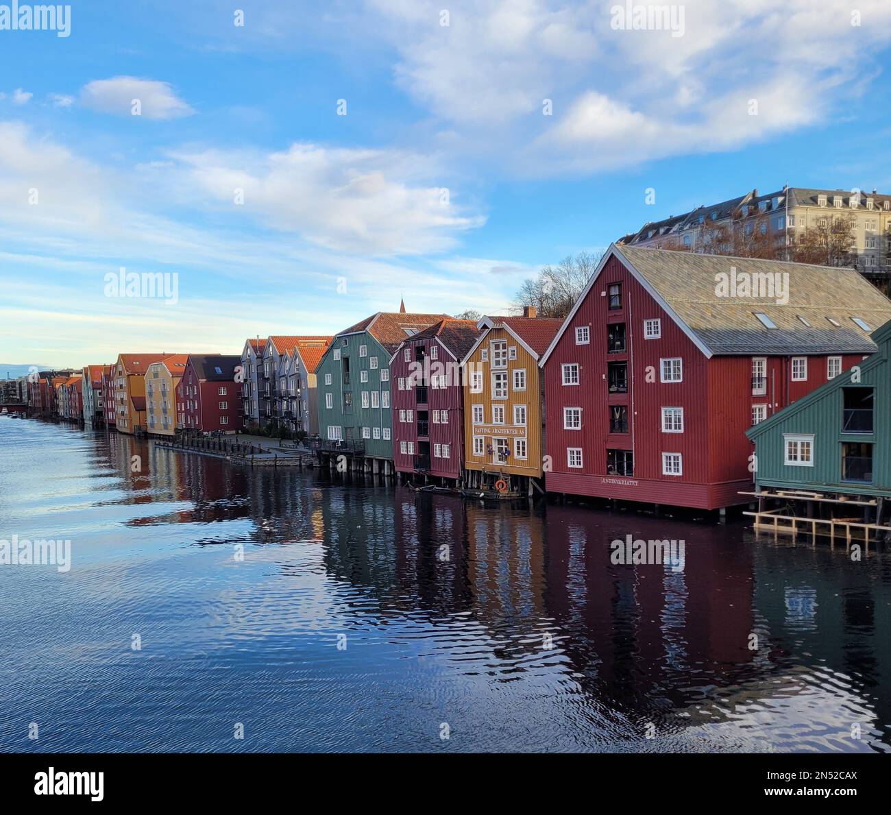 An aerial view of river surrounded by buildings in Trondheim Stock ...