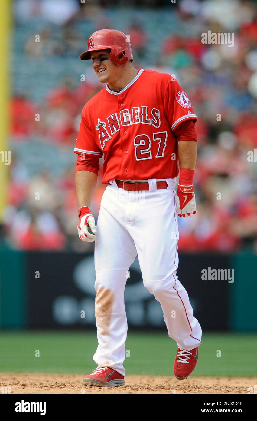 Los Angeles Angels' Mike Trout smiles after he advances to second on a ...