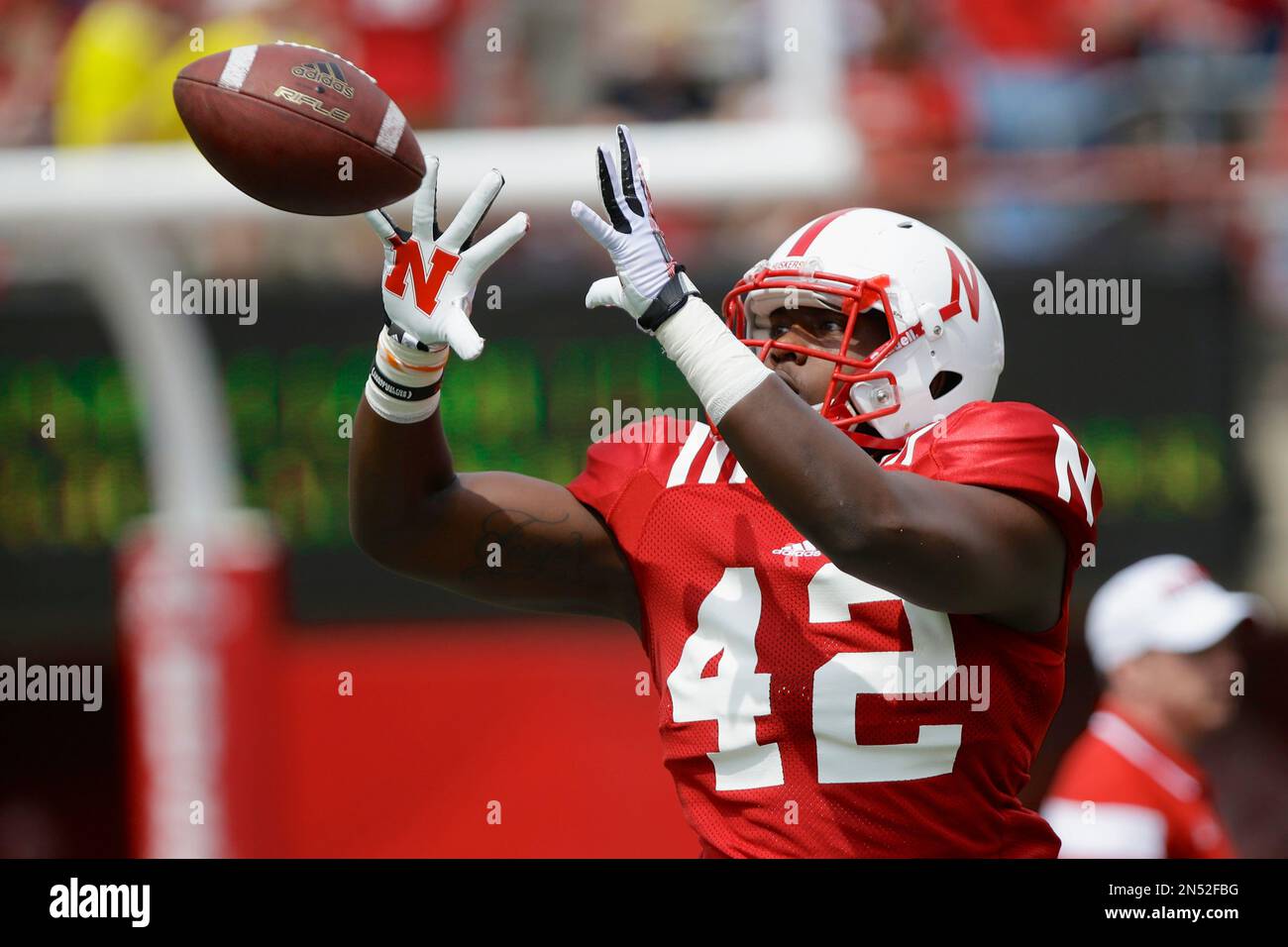 Nebraska tight end Trey Foster (42) makes a catch prior to Nebraska's ...