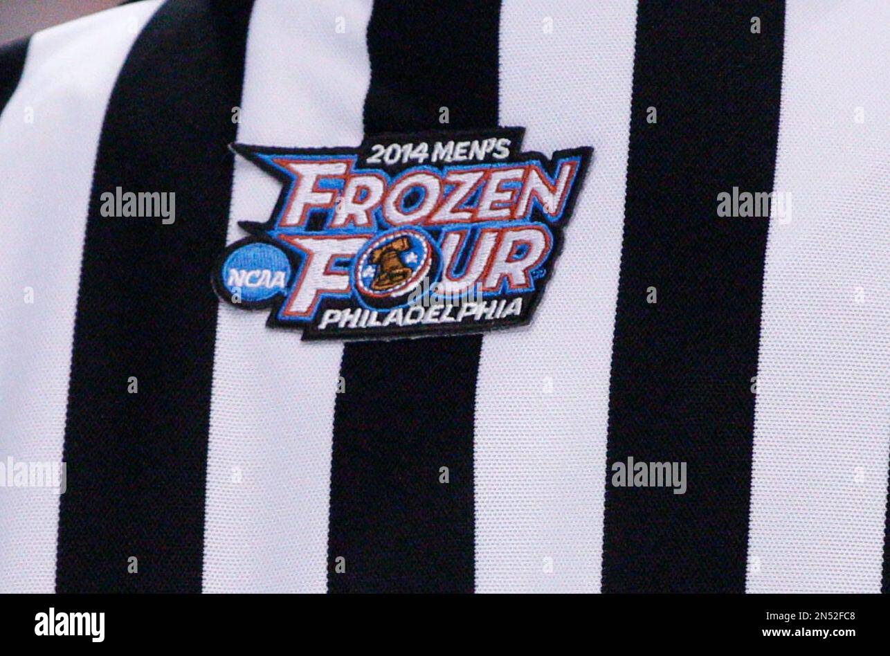 Frozen Four logo on the back of the official during the second period ...