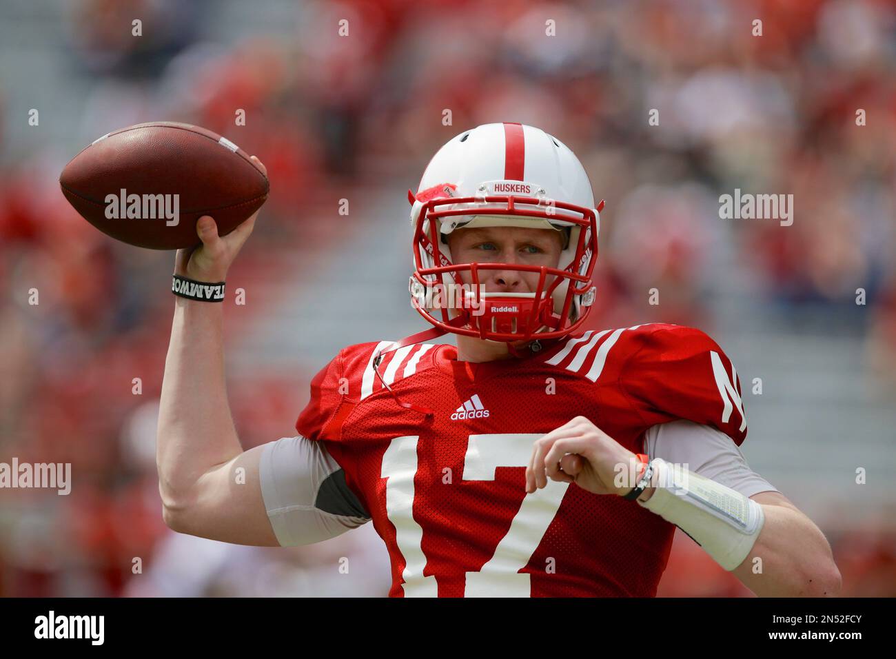 Nebraska quarterback Ryker Fyfe (17) throws prior to Nebraska's NCAA ...