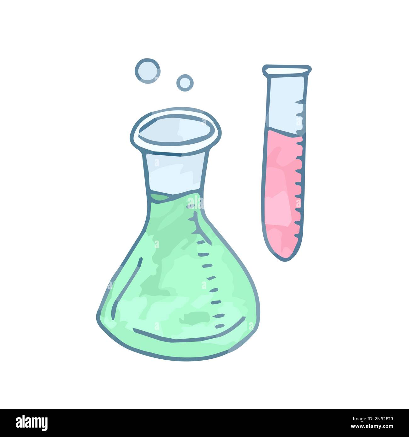 Hand drawn cute isolated flask with test tube and colorful liquid Stock ...