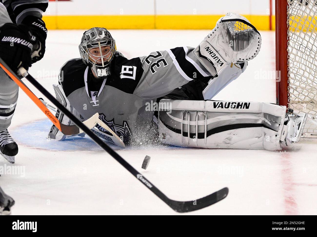 Los Angeles Kings goalie Jonathan Quick stops a shot by Anaheim Ducks ...