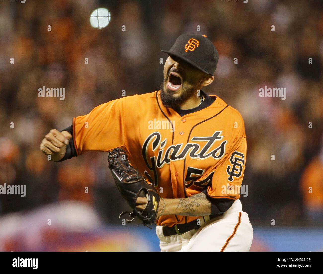 San Francisco Giants closing pitcher Sergio Romo reacts after striking ...