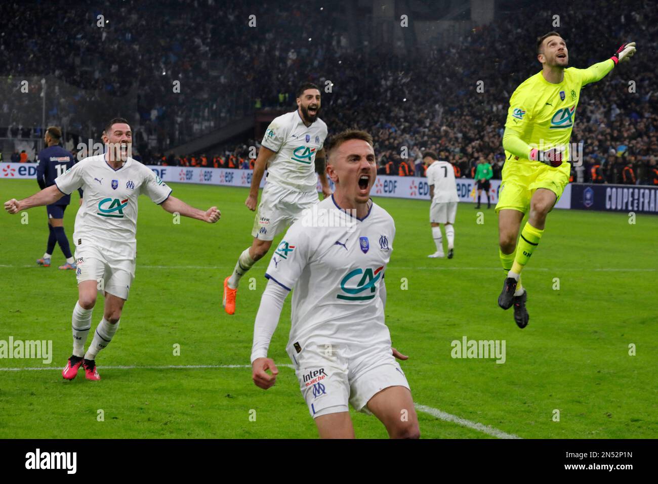 Marseille, France on February 8, 2023. Marseille's players celebrate ...