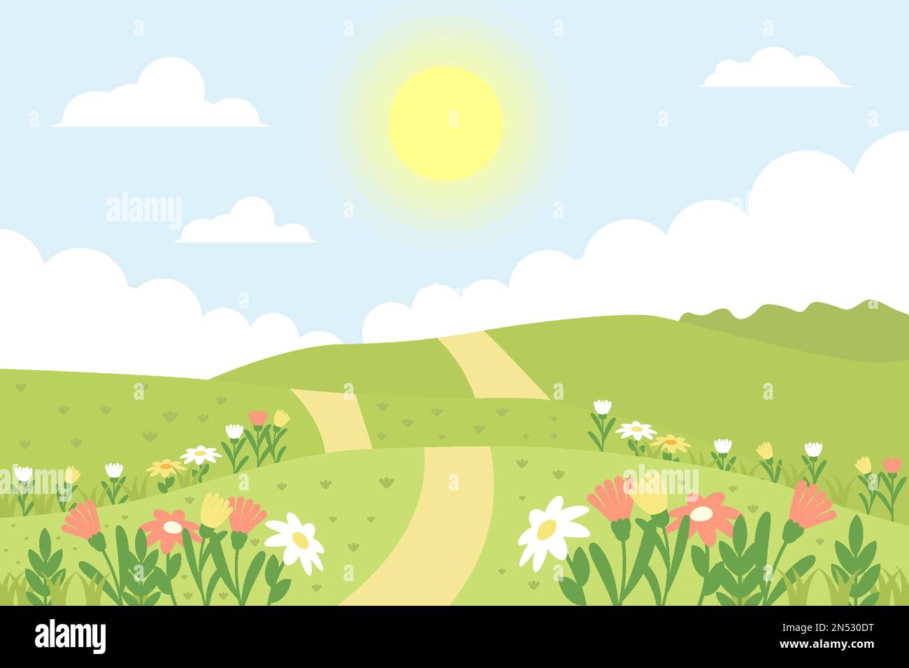 flat spring landscape illustration with spring flowers Stock Vector ...