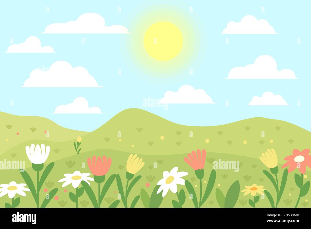 flat design spring landscape background illustration with flowers, sun ...