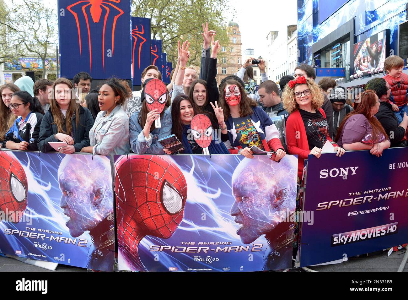 Fans attend the world premiere of The Amazing Spider-Man 2 in Leicester ...
