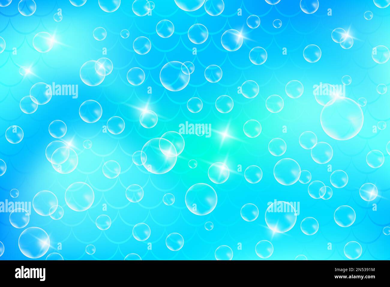 Mermaid blue background with fish scale pattern and soap bubbles. Cyan ...