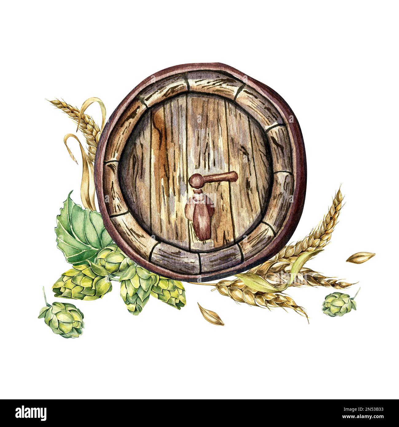 Wooden Beer Barrel And Hop Vine Wheat Ear Watercolor Illustration