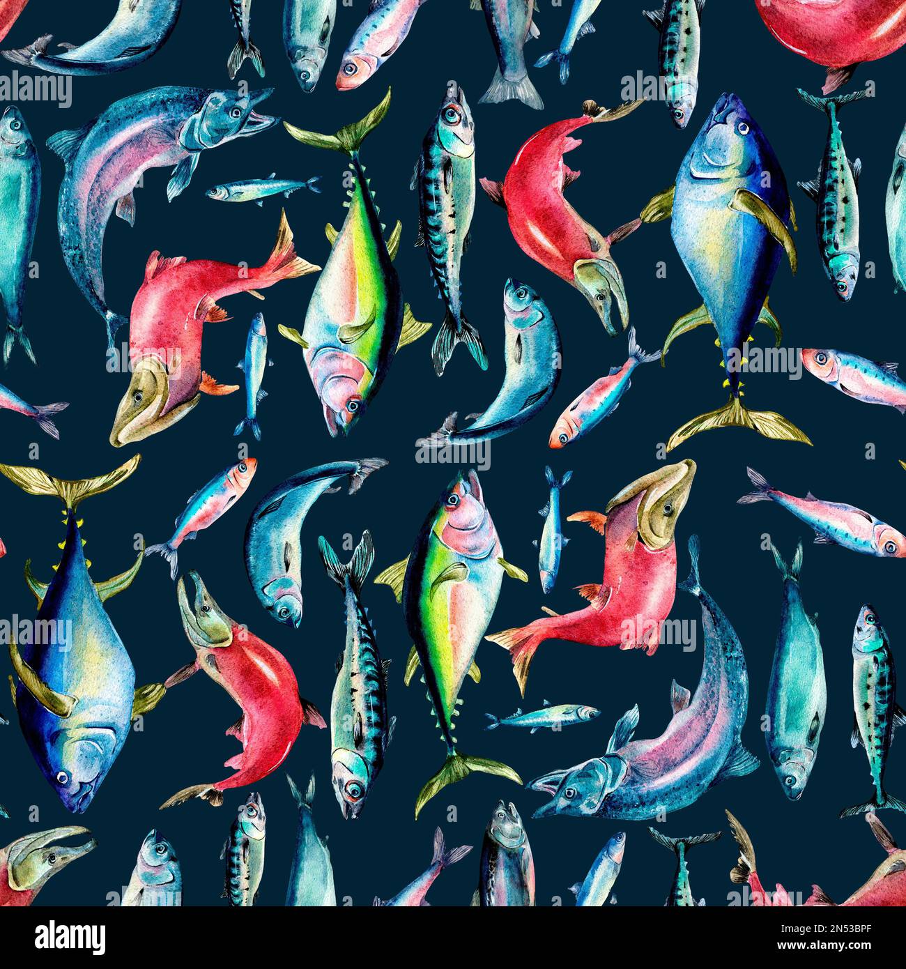 Different sea fishes seamless pattern watercolor illustration isolated ...