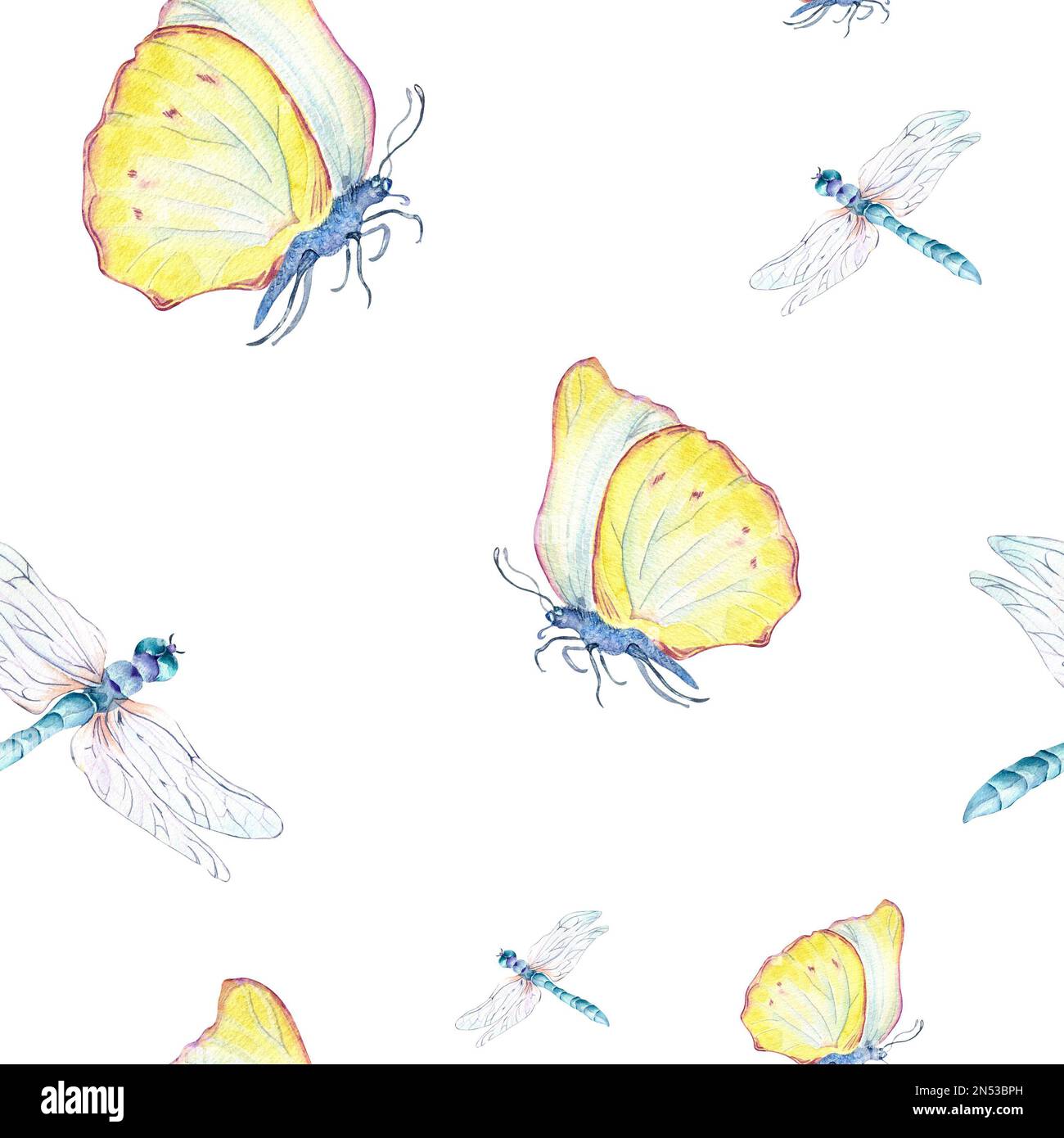 Butterfly and dragonfly watercolor seamless pattern on white. Yellow ...