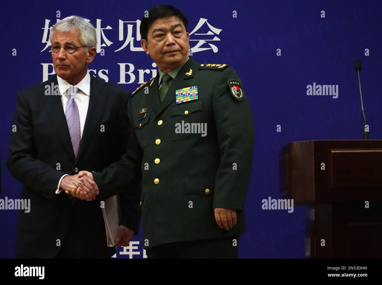 Defense Secretary Chuck Hagel shakes hands with Chinese Minister of ...