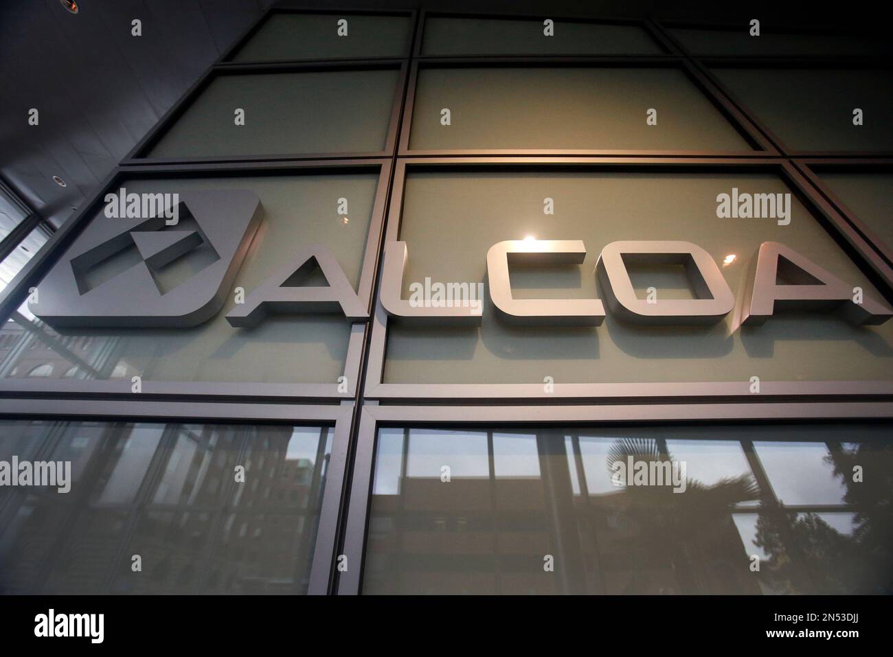 This April 7, 2014 photo shows the Alcoa logo in the lobby of Alcoa's ...