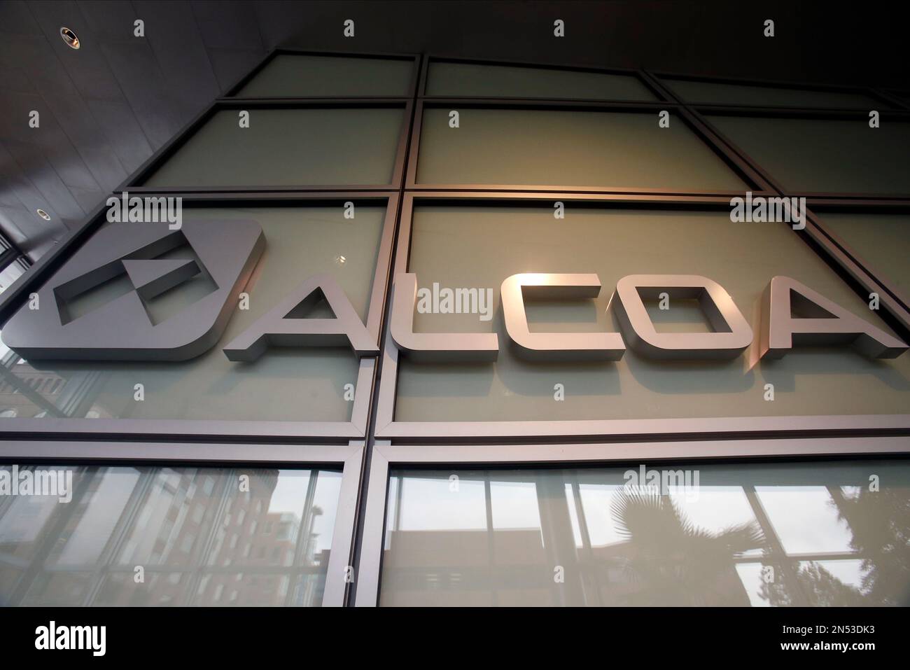 This April 7, 2014 photo shows the Alcoa logo in the lobby of Alcoa's ...