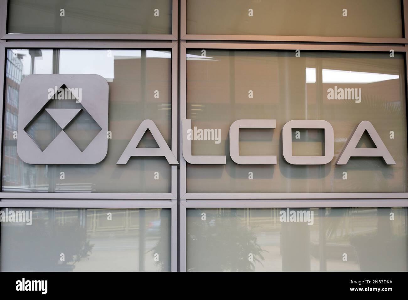 This April 7, 2014 photo shows the Alcoa logo in the lobby of Alcoa's ...