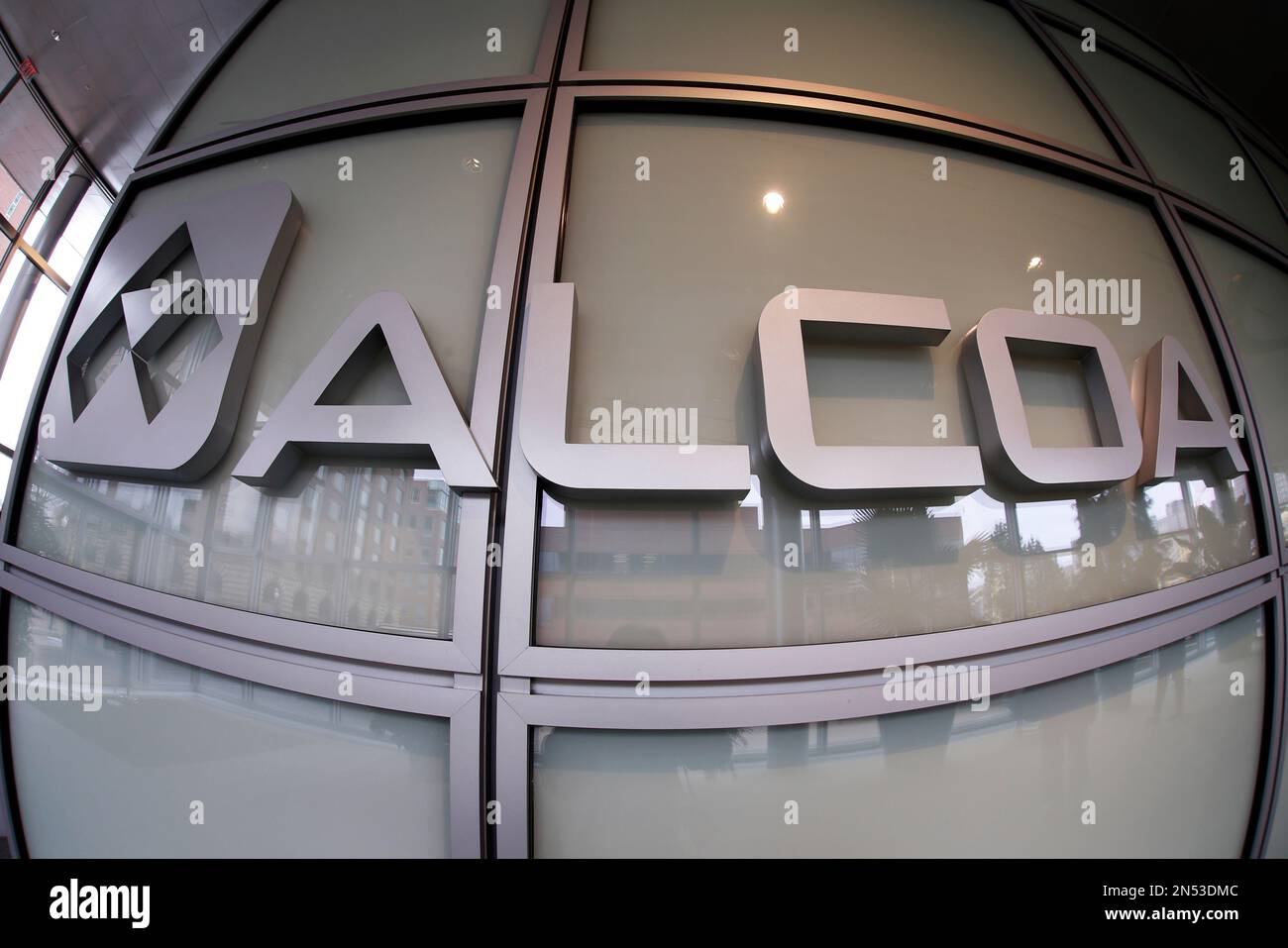 This April 7, 2014 photo shows the Alcoa logo in the lobby of Alcoa's ...