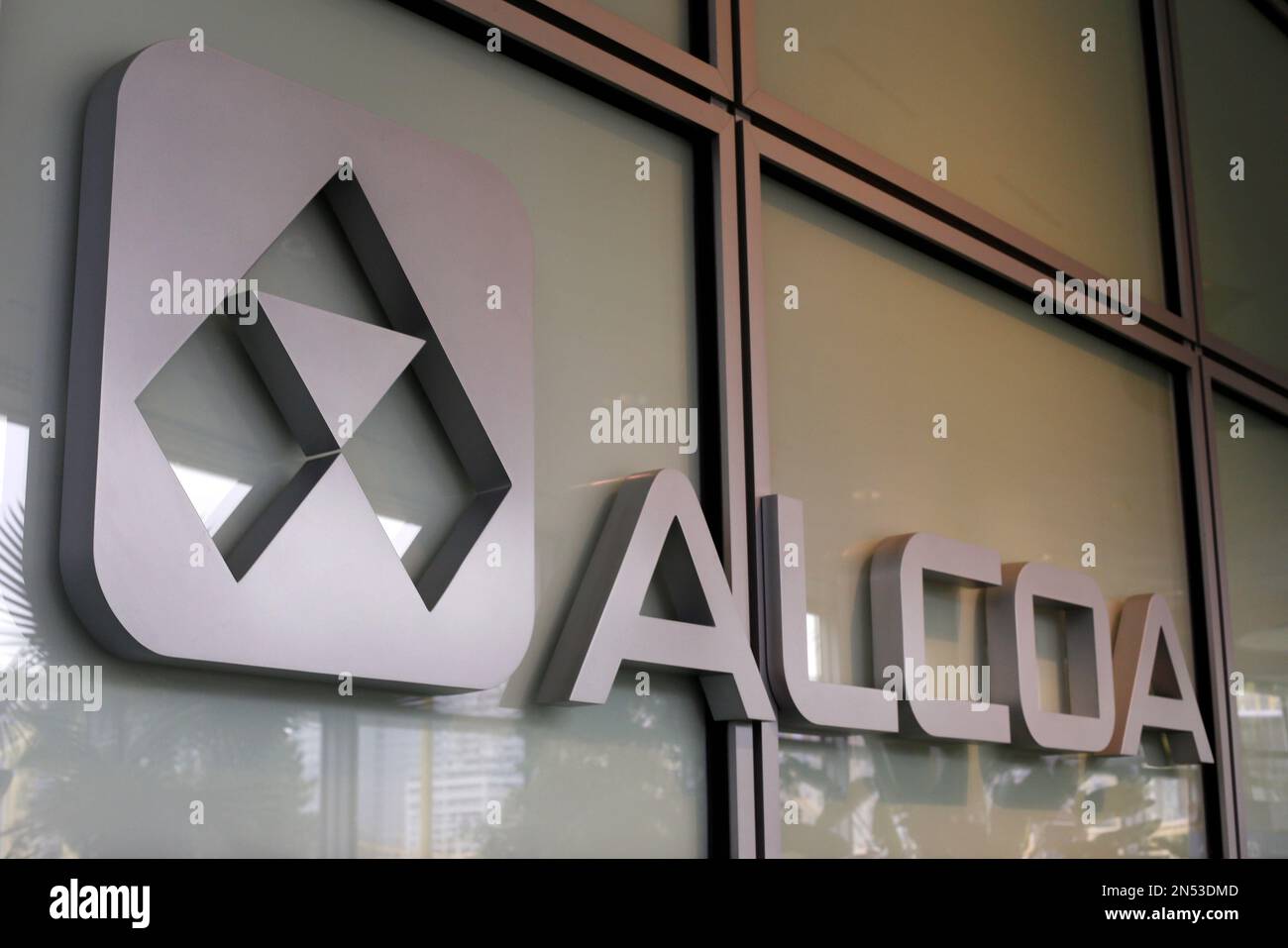 This April 7, 2014 photo shows the Alcoa logo in the lobby of Alcoa's ...