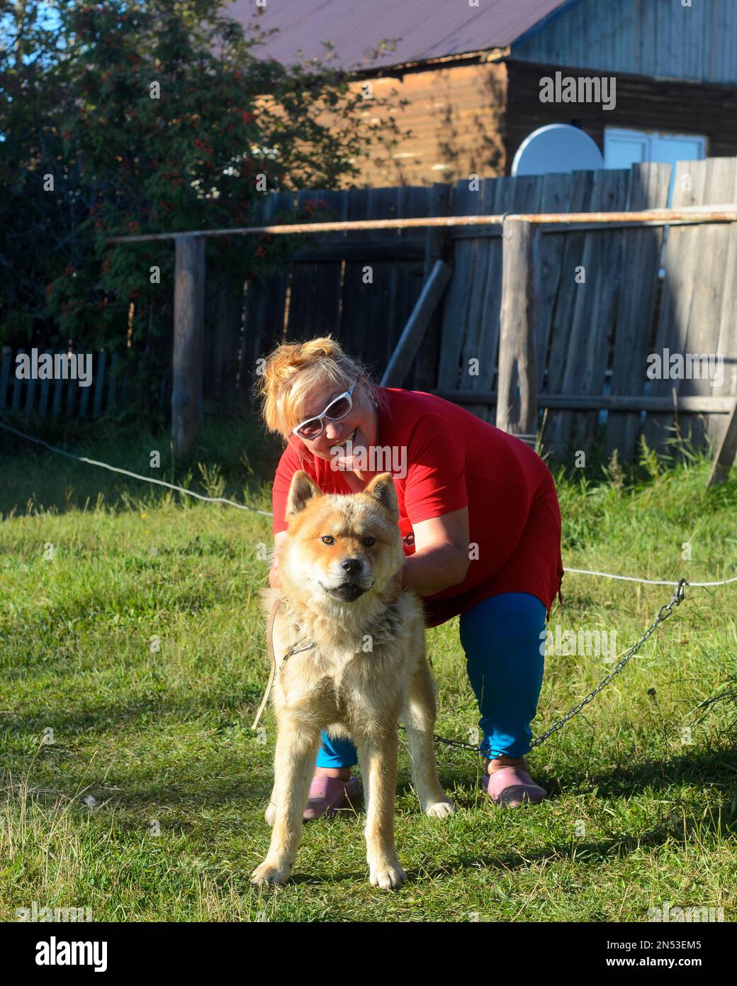 A joyful Yakut fat woman in glasses poses with her Akita inu dog on a ...