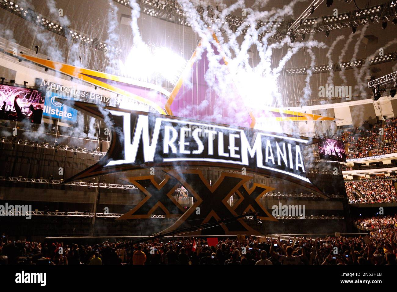 Fireworks are seen on the main stage as Wrestlemania XXX begins at the ...
