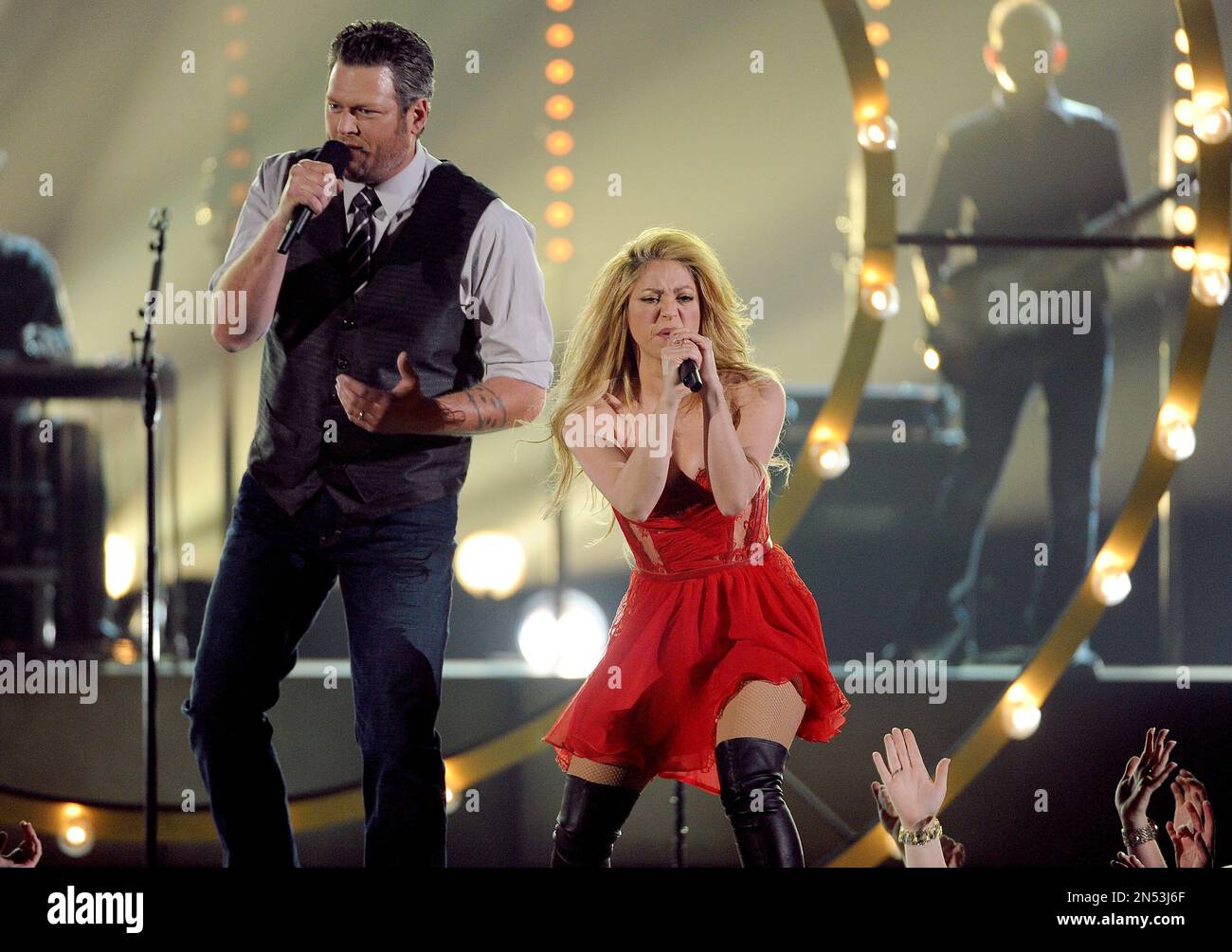 Blake Shelton, left, and Shakira perform on stage at the 49th annual ...