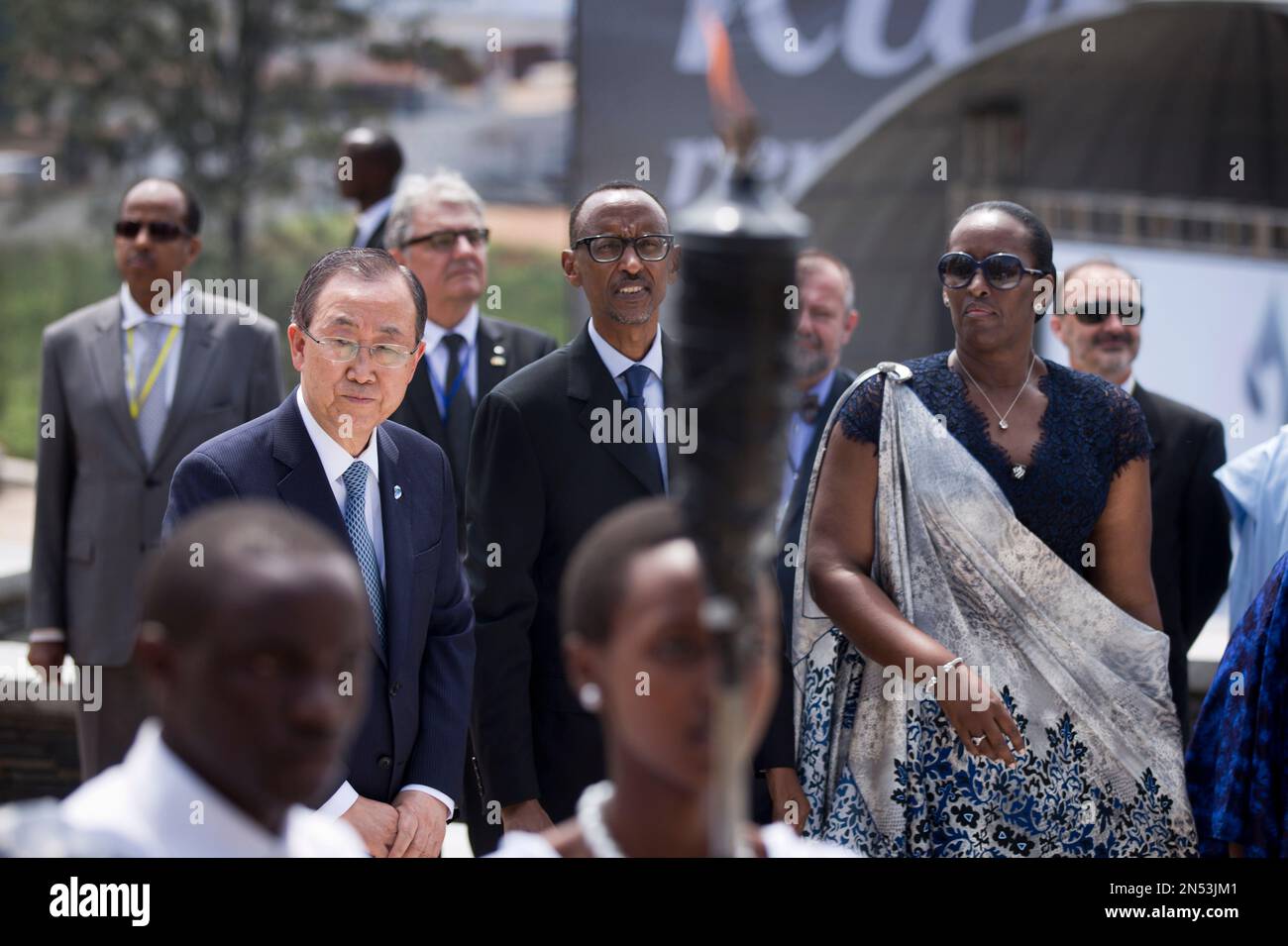 Rwandan President Paul Kagame, center, UN Secretary-General Ban Ki-moon ...