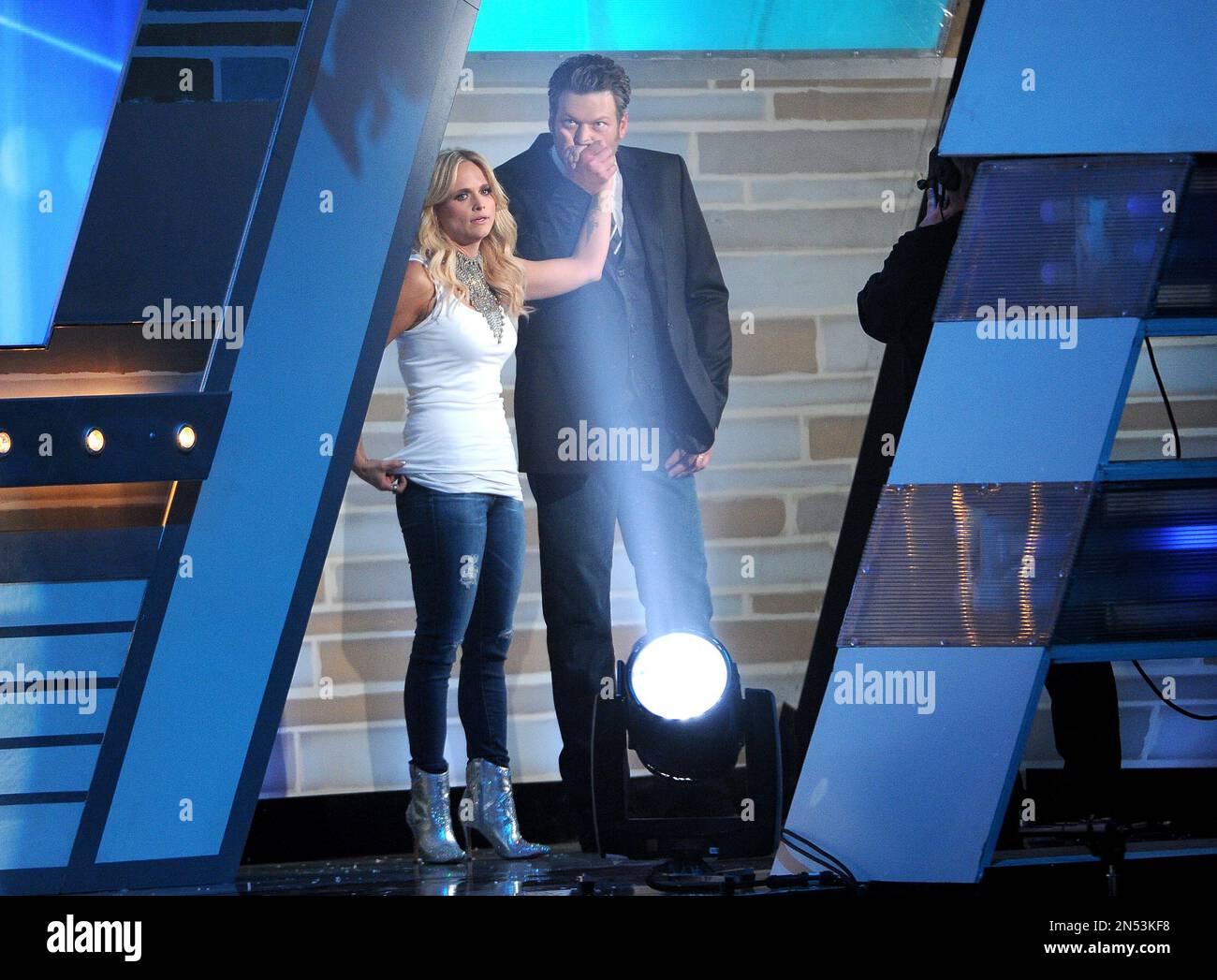 Blake Shelton, right, kisses Miranda Lambert's hand backstage at the ...