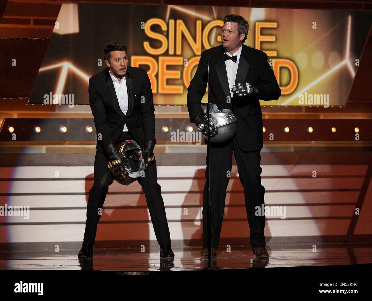 Hosts Luke Bryan, left, and Blake Shelton speak on stage at the 49th ...