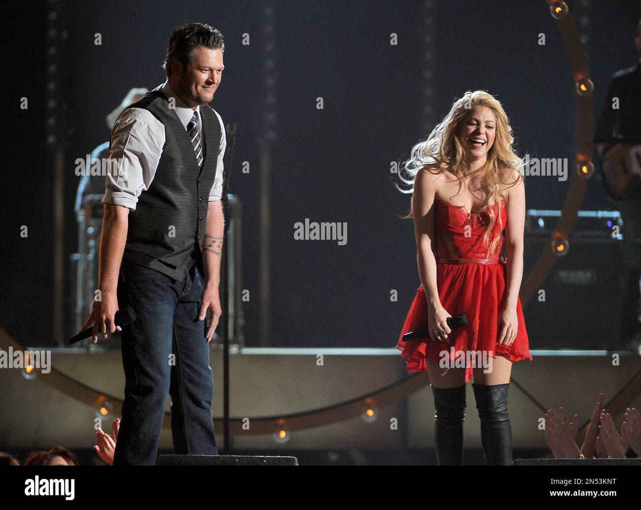 Blake Shelton, left, and Shakira perform on stage at the 49th annual ...