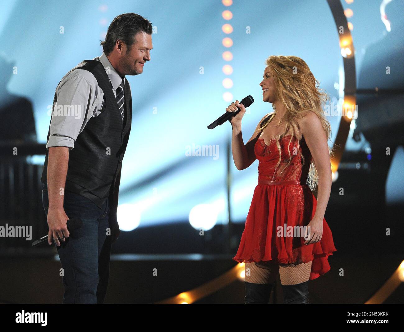 Blake Shelton, left, and Shakira perform on stage at the 49th annual ...