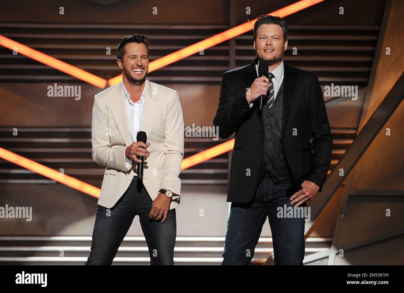 Hosts Luke Bryan, left, and Blake Shelton speak on stage at the 49th ...