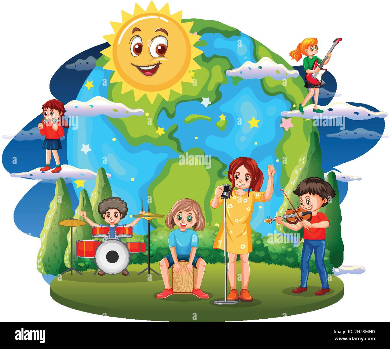 Children playing music on earth globe illustration Stock Vector Image ...