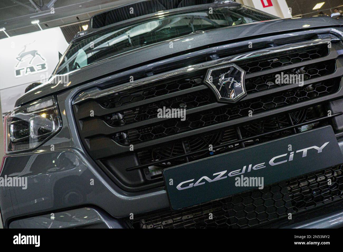 The GAZ logo seen on the GAZelle city bus. (Photo by Alexander Sayganov ...