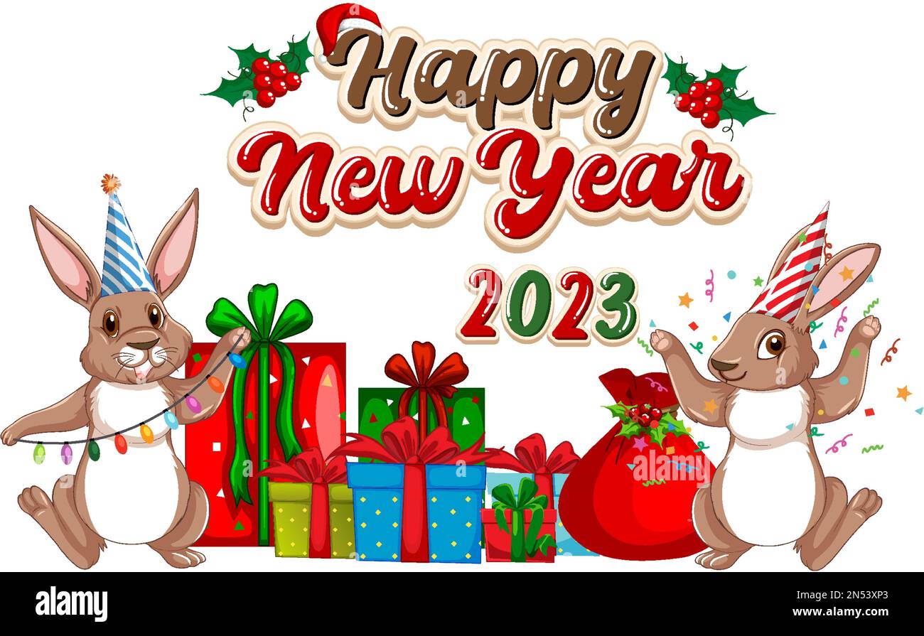 Happy New Year text with cute rabbit for banner design illustration ...