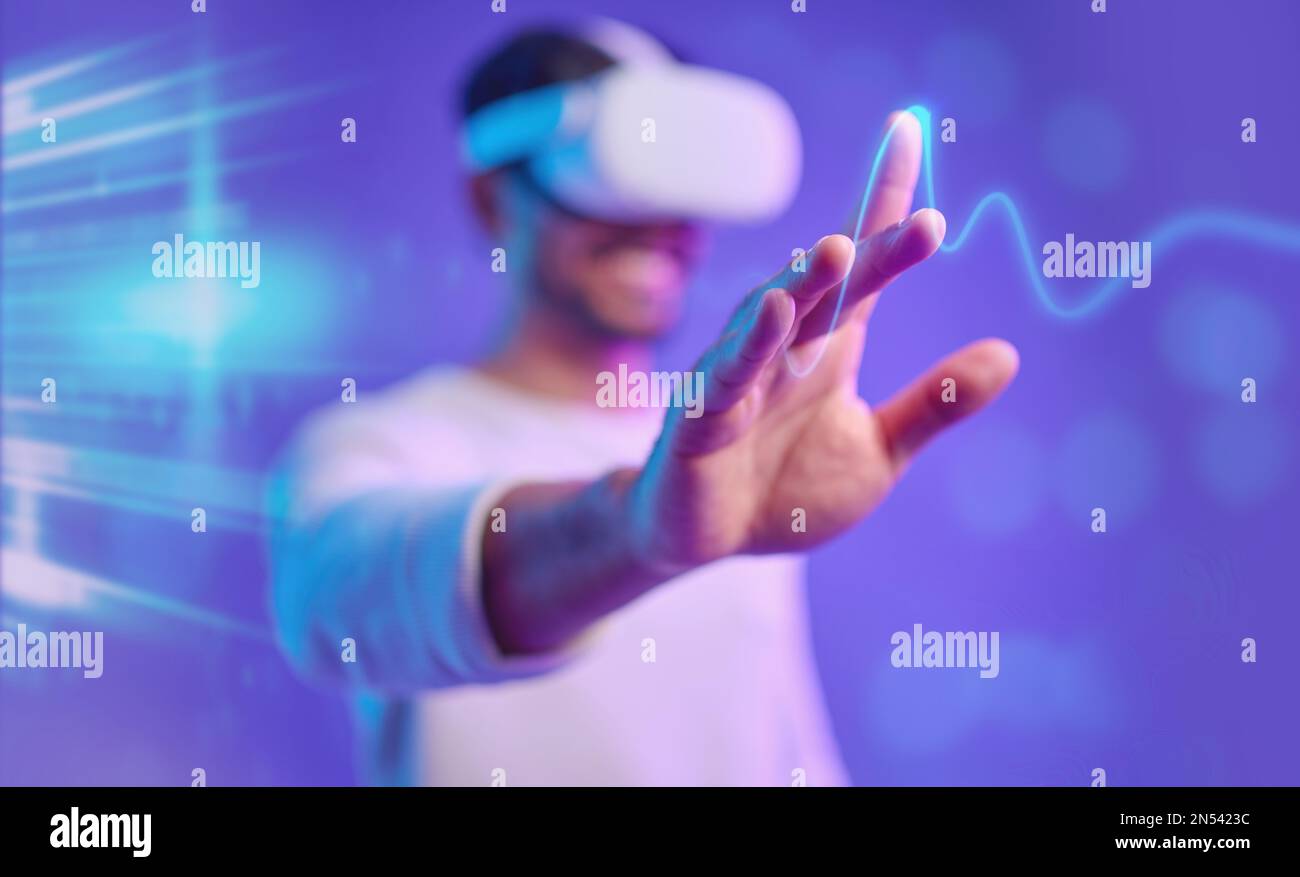Metaverse, hand and vr, man and screen touch, futuristic and technology ...