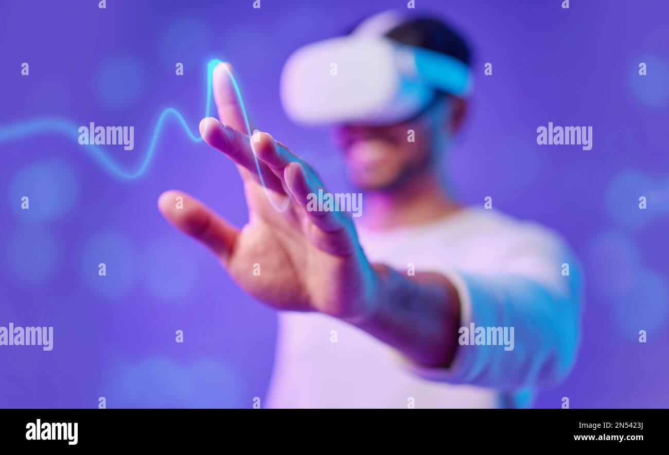 Metaverse, hand and virtual reality, man and screen touch, futuristic and technology innovation ...