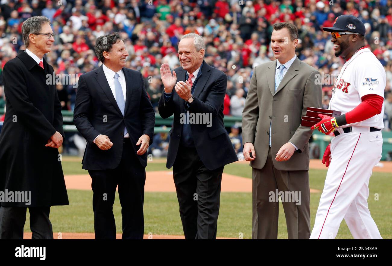 Boston Red Sox's David Ortiz, right, laughs after receiving his World ...