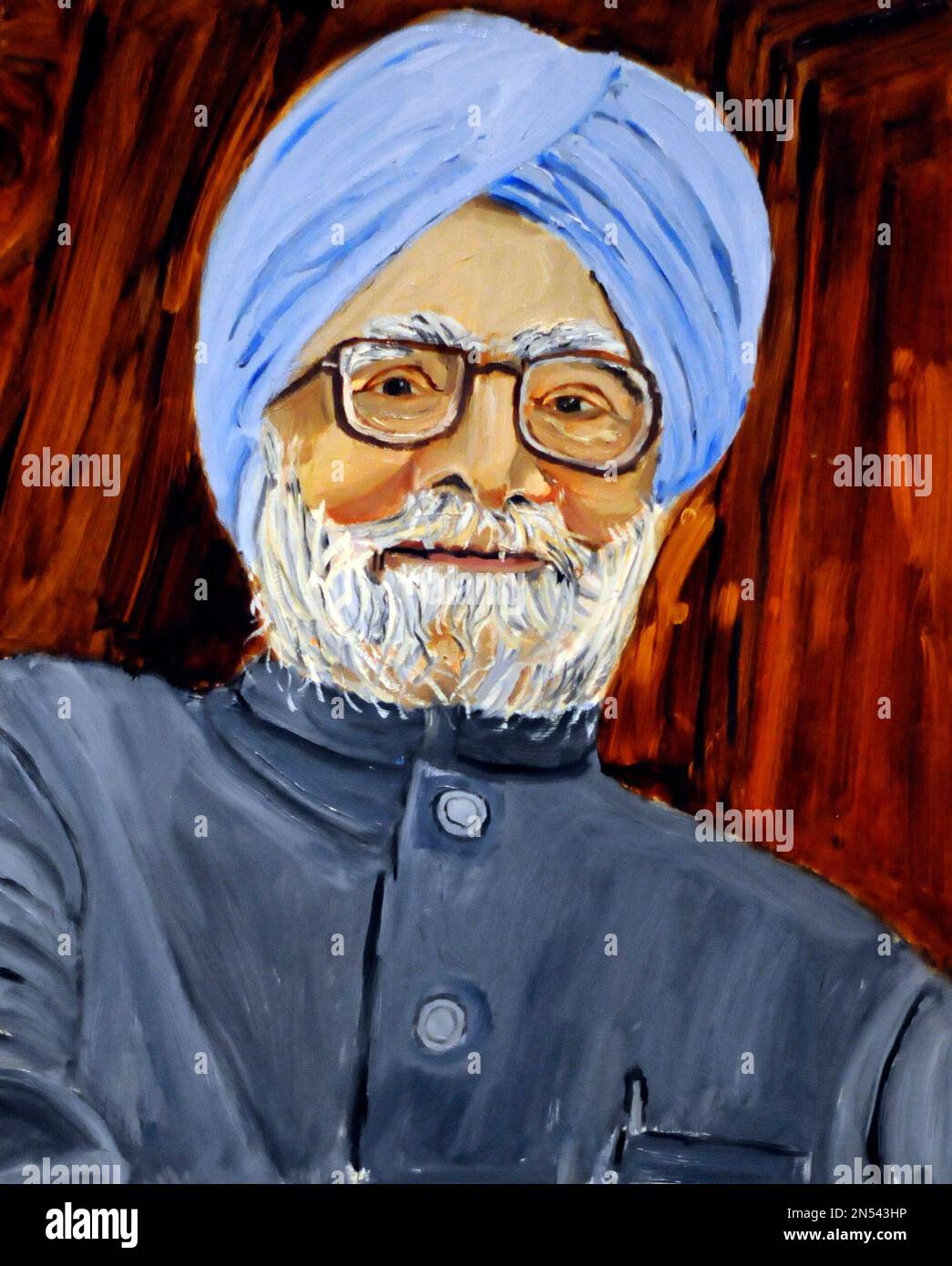 A detail of a portrait of Indian Prime Minister Manmohan Singh which is ...