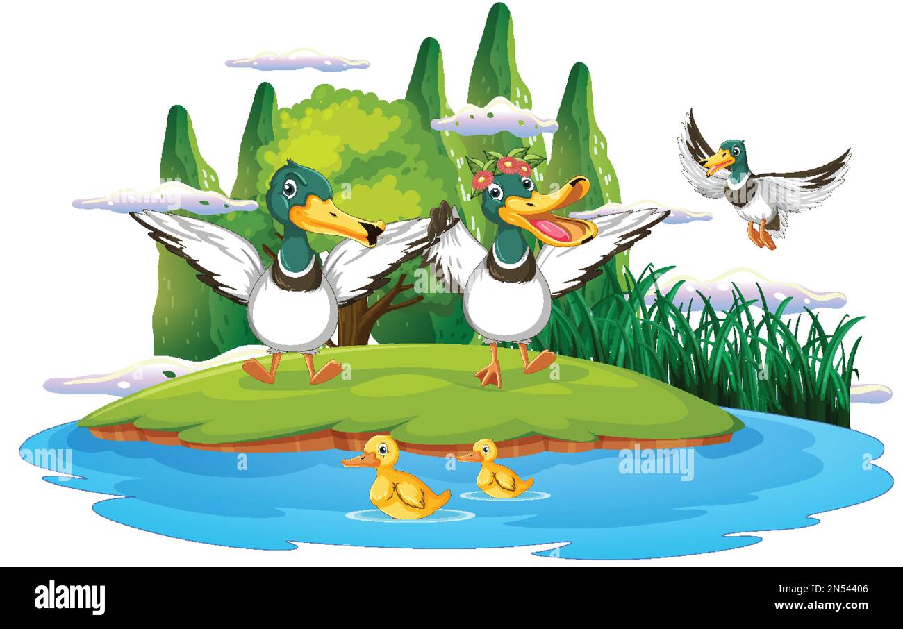 Happy duck group in nature scene illustration Stock Vector Image & Art ...