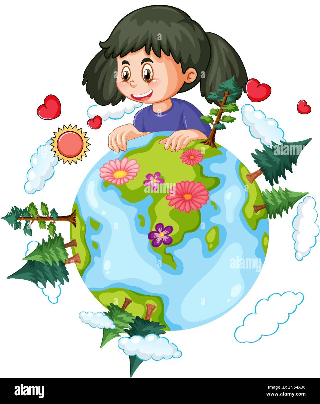 Cute girl on earth planet cartoon illustration Stock Vector Image & Art ...