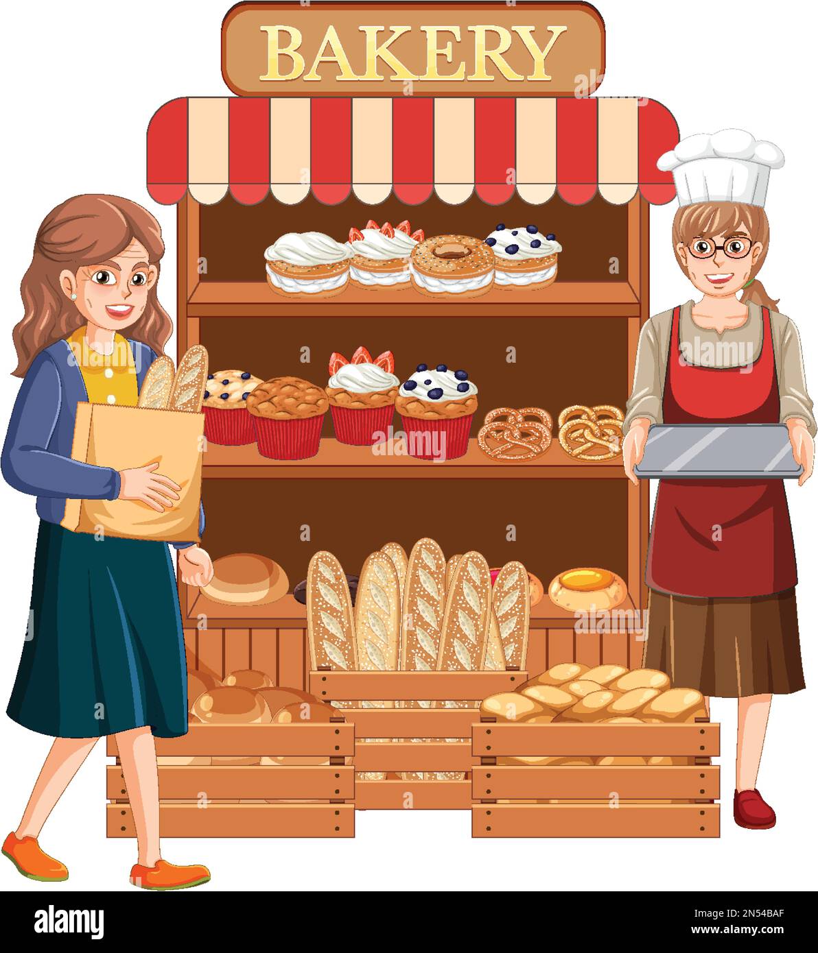 Bakery showcase with bread and pastry products illustration Stock ...