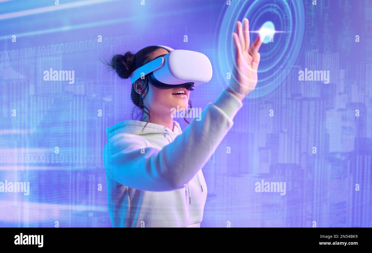 Virtual reality glasses, woman and hologram for games, esports and UI ...