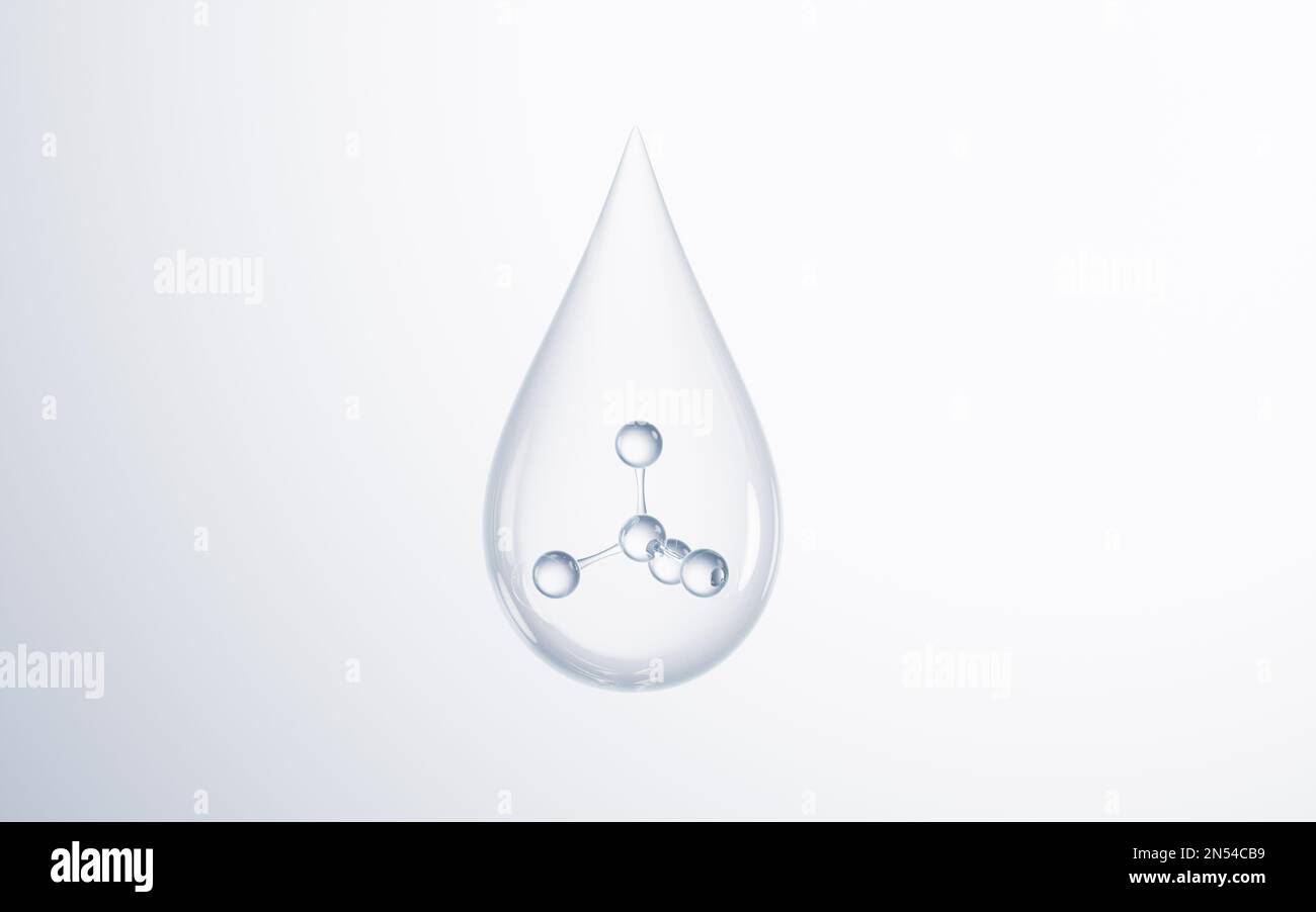 Transparent water drop with molecule inside, 3d rendering. Digital ...