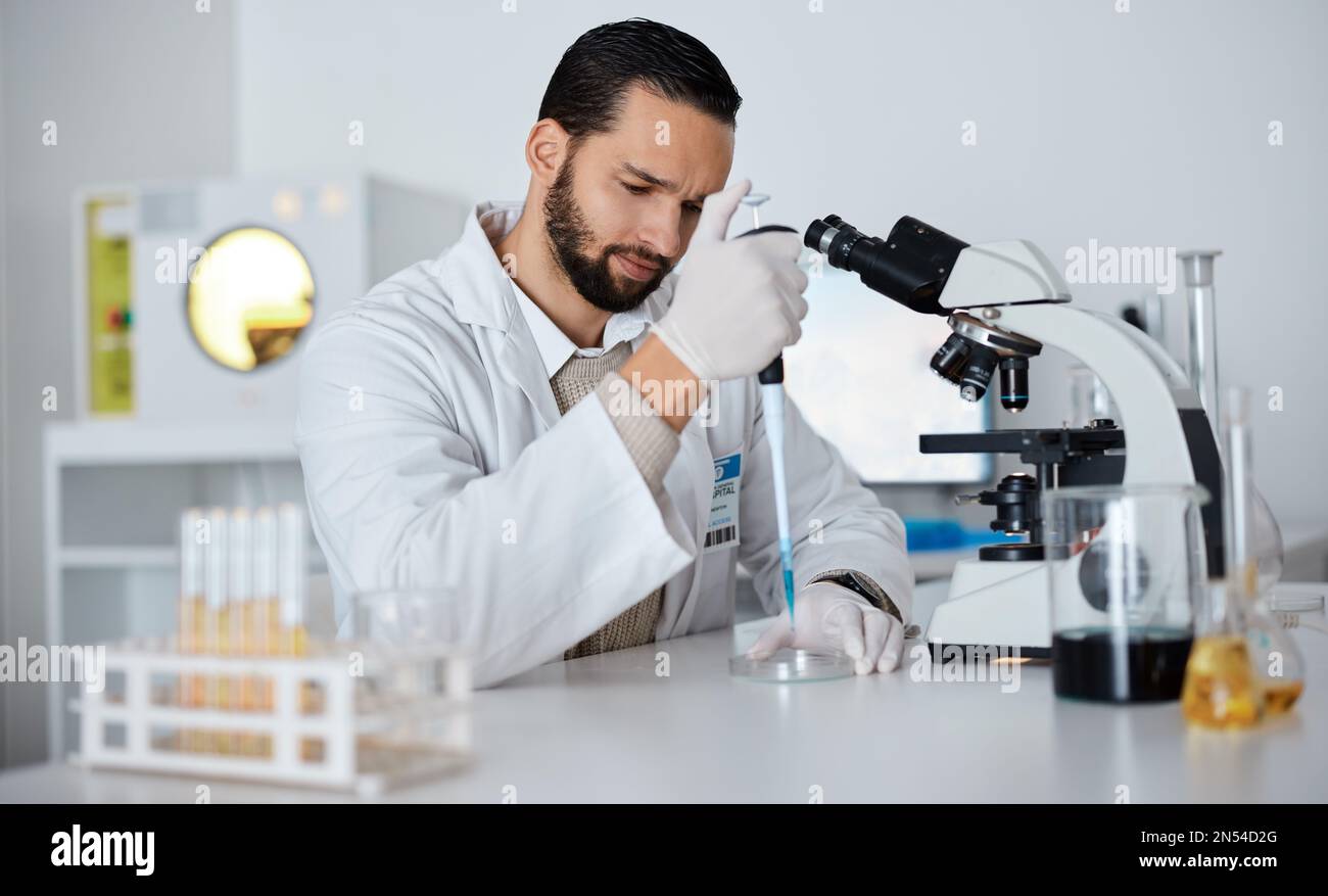 Science, man and pipette for research, laboratory and experiment for ...