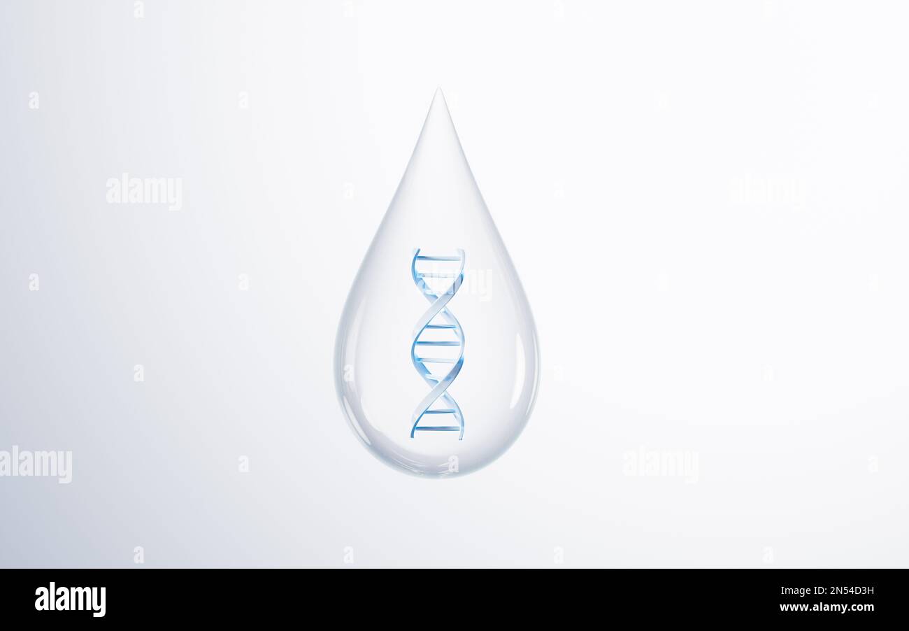 Transparent water drop with DNA inside, 3d rendering. Digital drawing ...